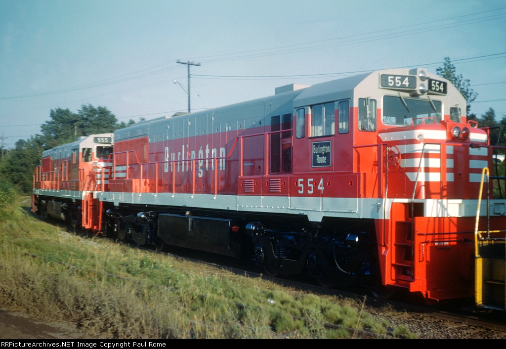 CB&Q 554 - 555, GE U25C, NEW, awaiting pickup and delivery at GE